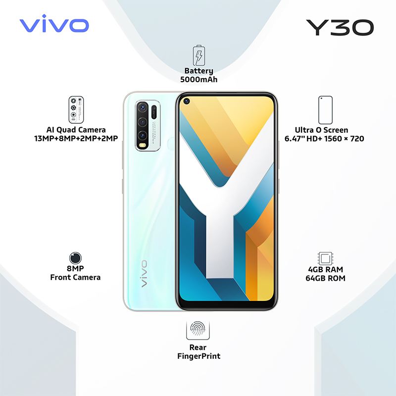 ស្មាតហ្វូន vivo Y30 កាមេរ៉ាក្រោយ 4 គ្រាប់ កម្លាំងថ្មធំ 5000 mAh ...