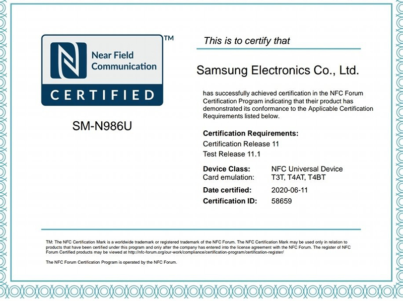 Samsung Galaxy Note 20 Series ទទួលបាននូវវិញ្ញាបនបត្រពី NFC Forum ហើយ ...